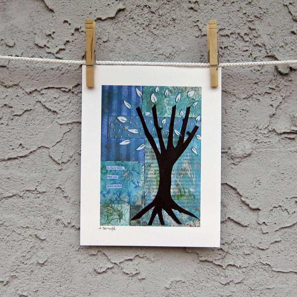 Tree Collage Art Blue Giclee Print Children Whimsical on Luulla